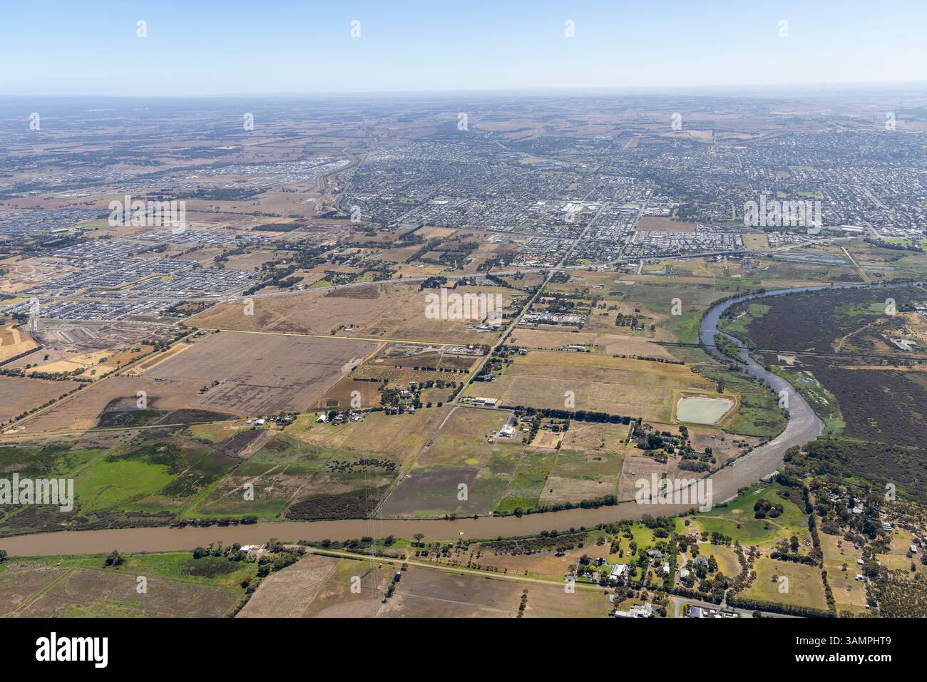 Aerial view of Barwon River across the Lake Connewarre Nature reserve ...