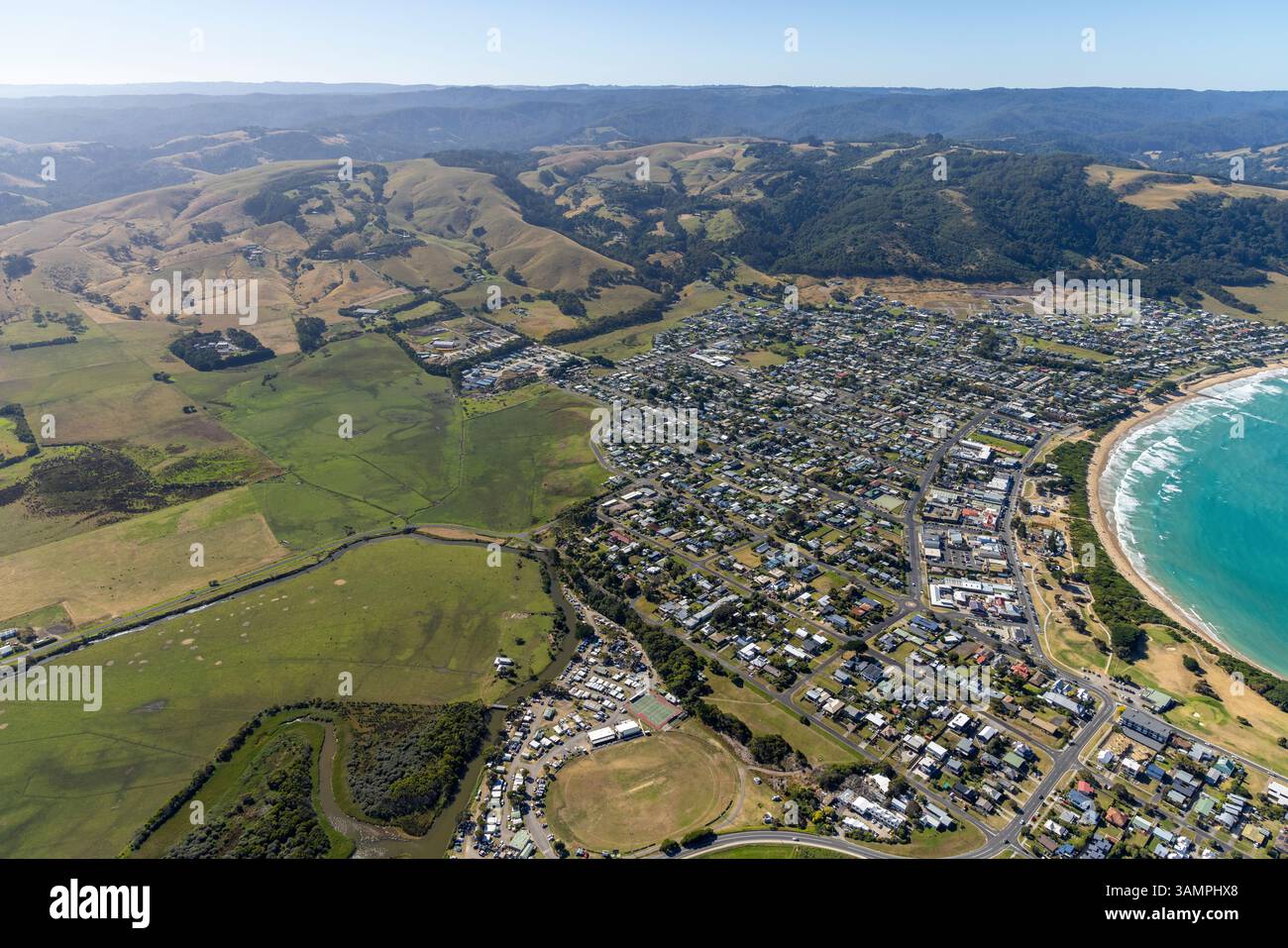 Aerial view of Apollo Bay, a small town with a Coastal Reserve along ...