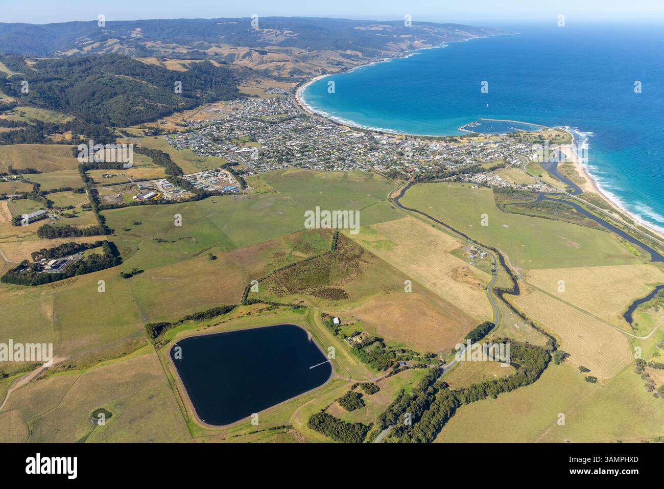 Aerial view of Apollo Bay, a small town with a Coastal Reserve along ...