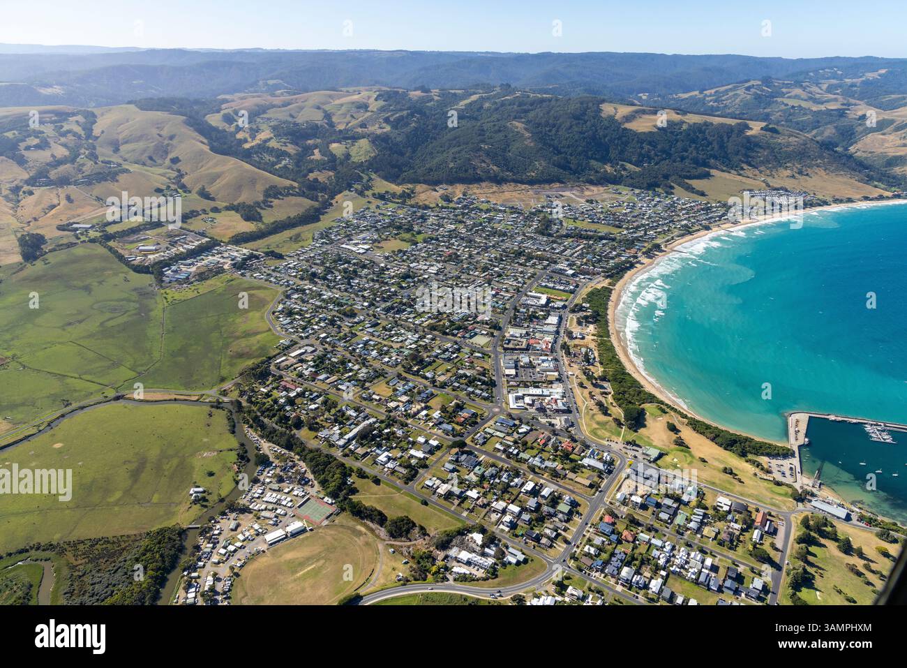 Aerial view of Apollo Bay, a small town with a Coastal Reserve along ...