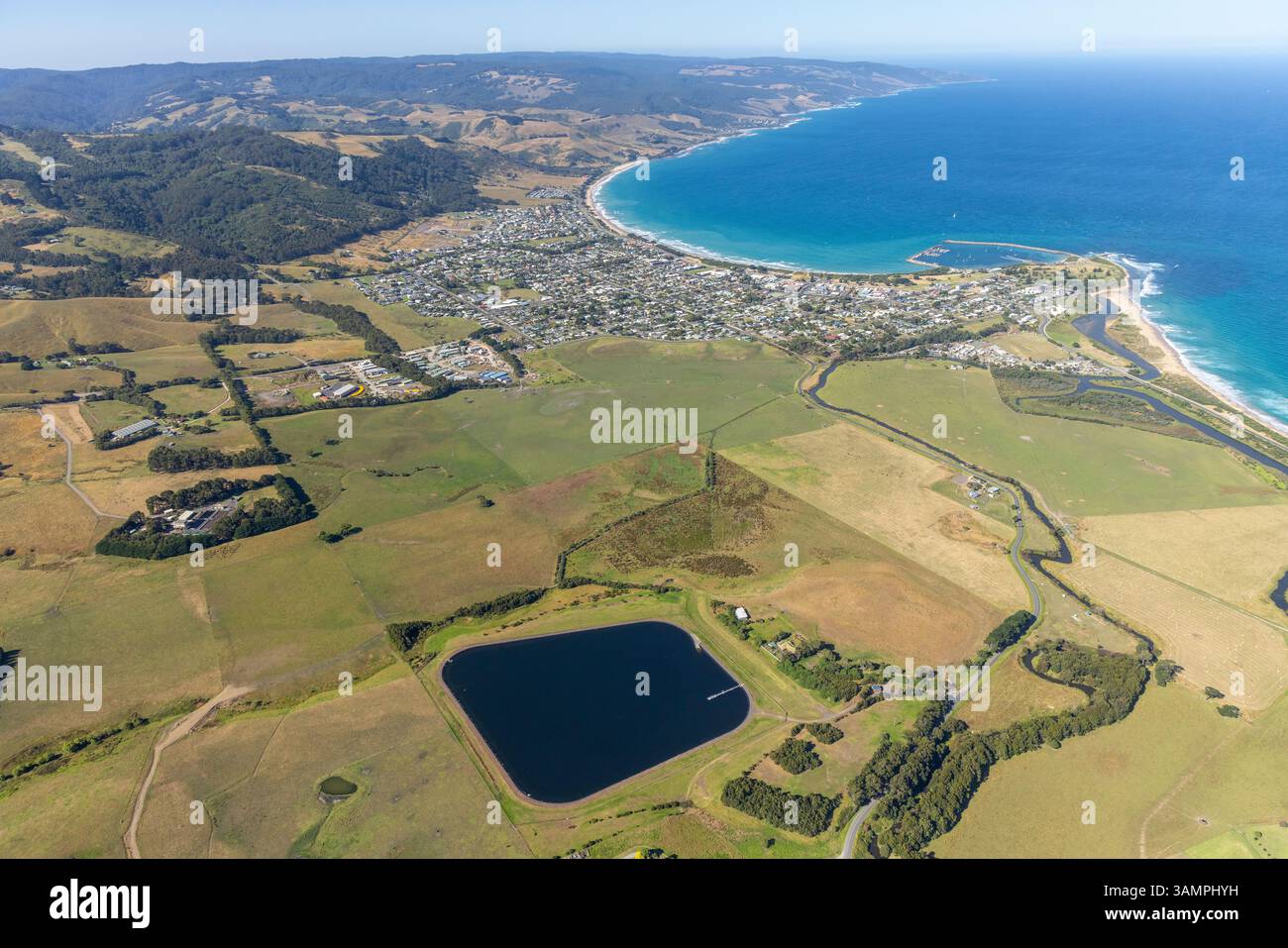 Aerial view of Apollo Bay, a small town with a Coastal Reserve along ...