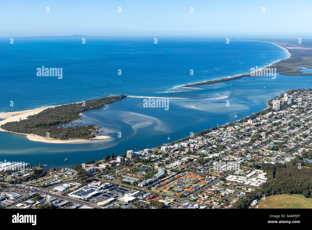 Aerial view of Bribie Island coastline and beach in Golden Beach ...