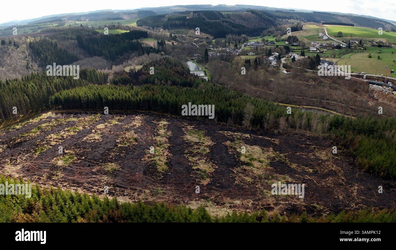 This aerial drone image shows the aftermath of a wildfire in Achouffe ...