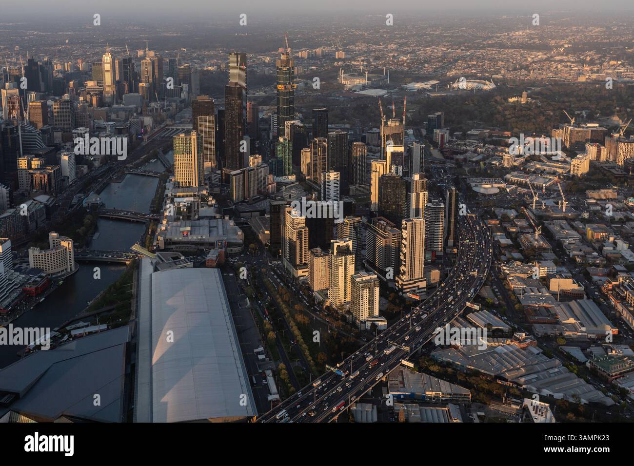 Aerial view of Southbank with Melbourne and the Docklands in view ...