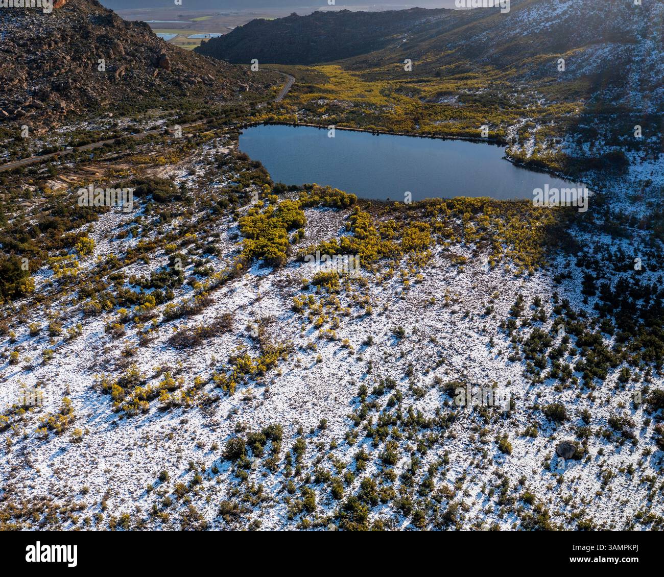 Aerial view of snow-covered mountains and lake, Witzenberg NU, Western ...