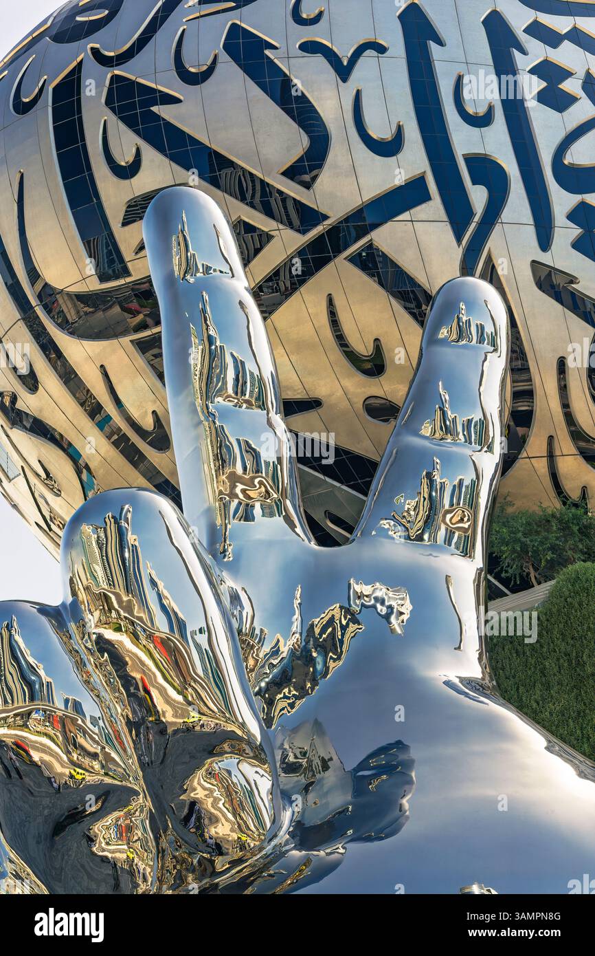 Dubai, United Arab Emirates. February 11, 2025. Shiny chrome sculpture ...