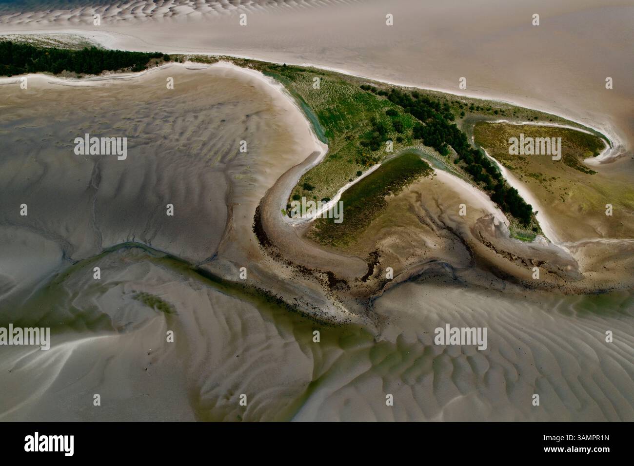 Aerial view of abstract tidal patterns in sandy wetlands, Forres ...