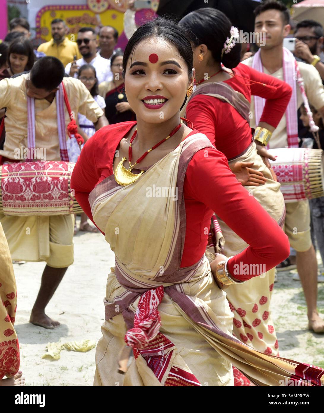 April 14, 2025, Guwahati, Guwahati, India: Assamese girls perform the Bihu dance as part of the ...