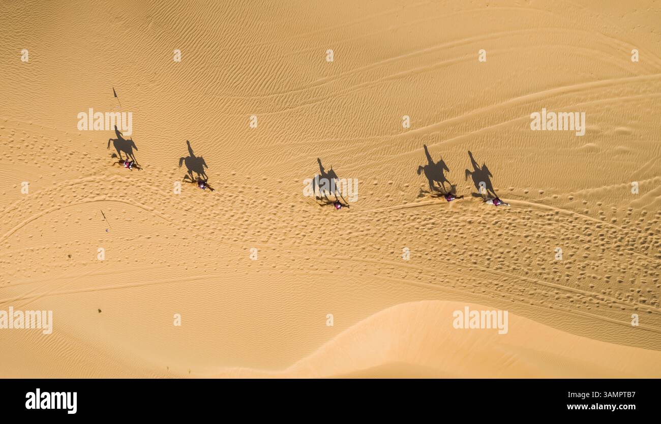 Aerial view of people riding camels in the desert of Al Khatim in Abu ...