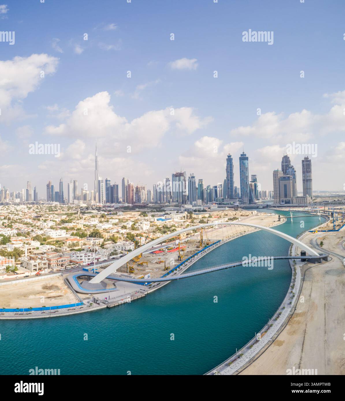 Panoramic aerial view of the Tolerance pedestrian Bridge in Dubai, U.A ...