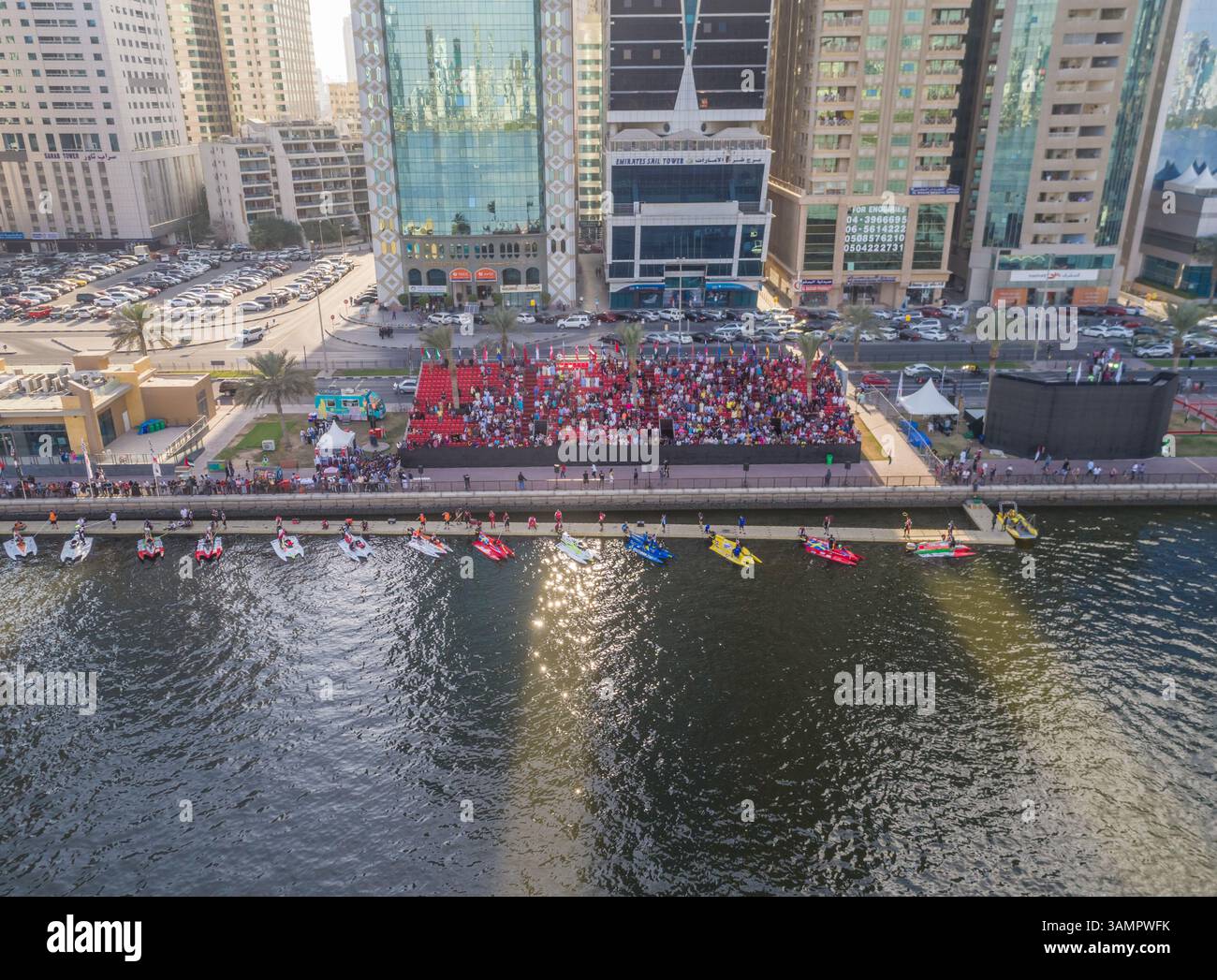 Aerial view of F1 H20 competition in Khalid lake in Sharjah, U.A.E ...