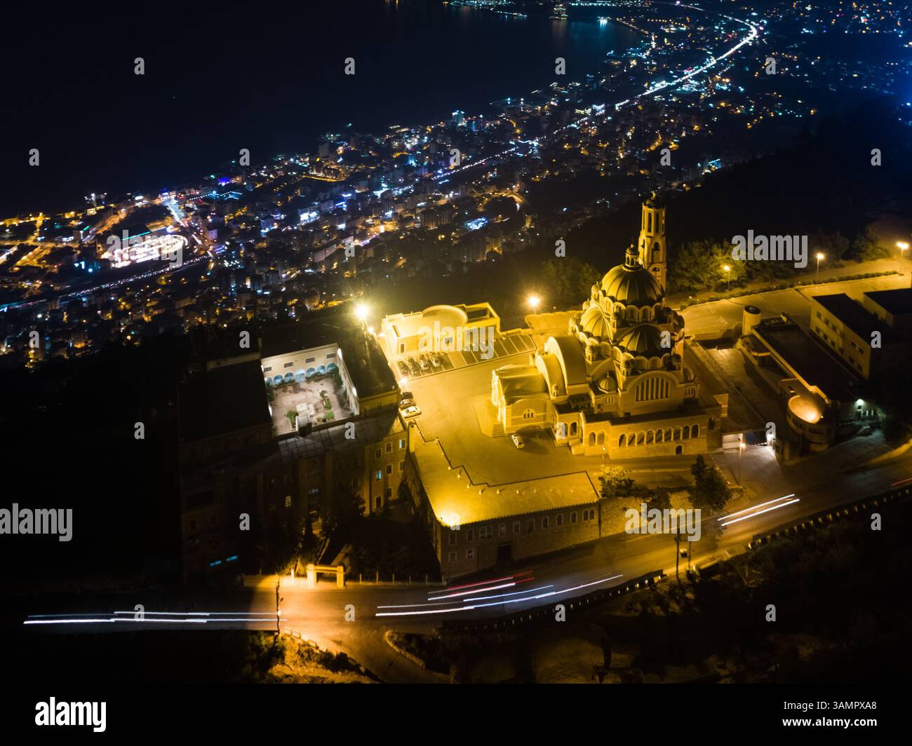 Aerial view of St Paul basilica illuminated at night, Harissa, Lebanon ...