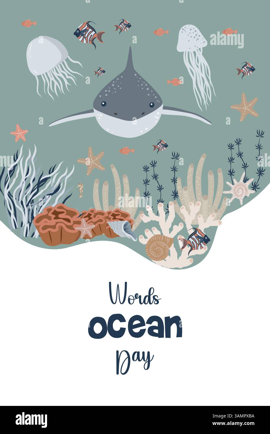 World Ocean day vertical postcard with sharks, fish, seaweed and sea ...