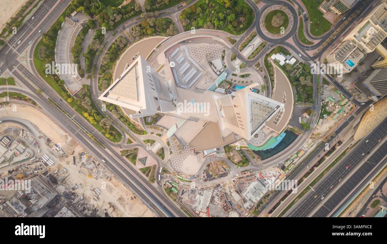 Aerial view of the Emirates Towers rooftop in Dubai, U.A.E Stock Photo ...