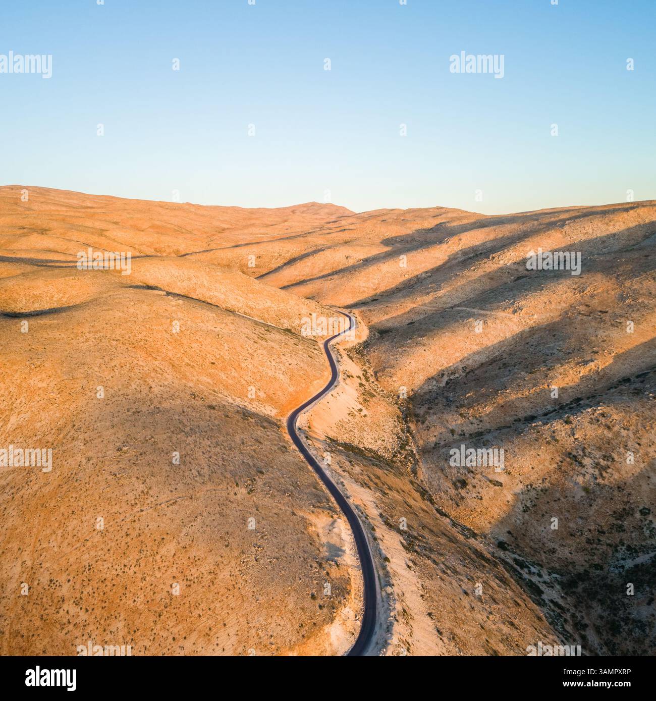 Aerial view of an empty road in Ras Baalbek semi-desert in Lebanon ...