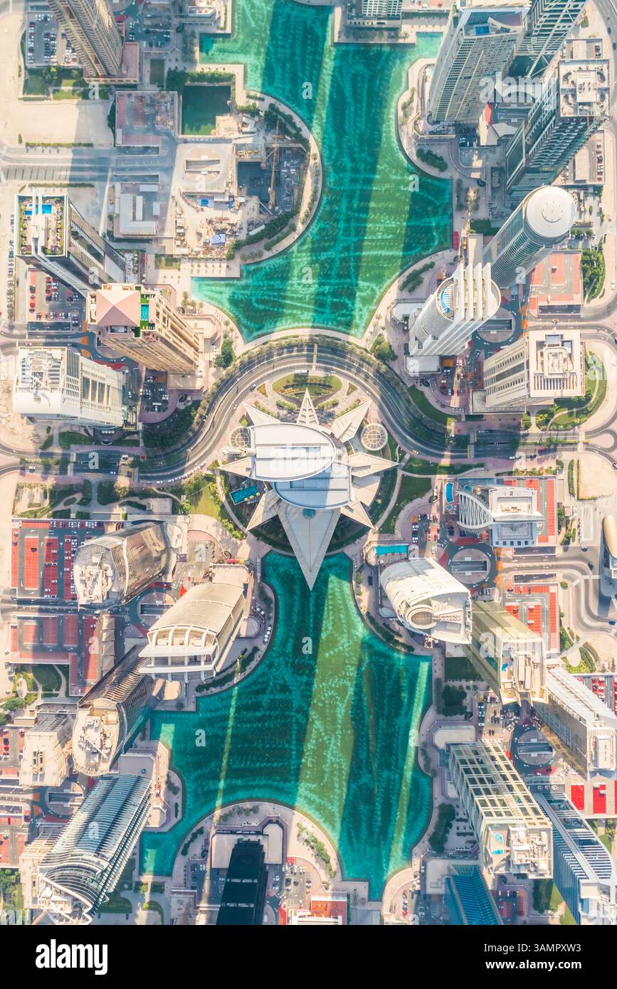 Aerial view of Almas tower in the middle of the Jumeirah lakes towers ...