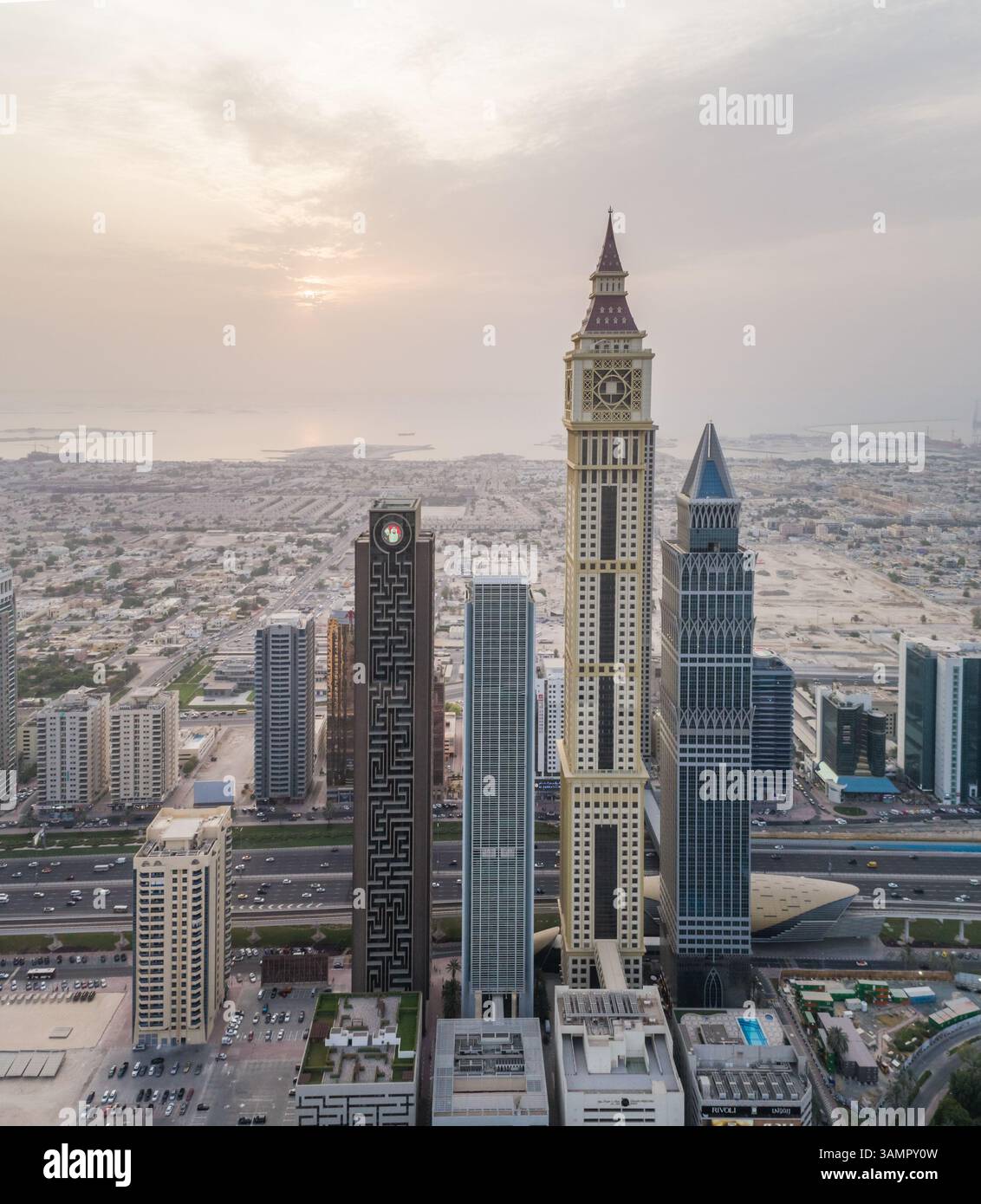 Aerial view of Al Yaqoub Tower with the sea in background In Dubai, U.A ...