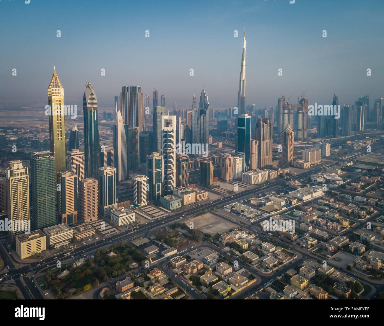 Aerial view of the impressive Burj Khalifa Tower in the middle of ...
