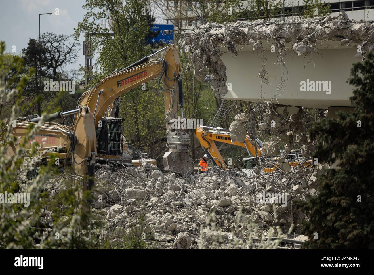 Berlin, Germany. 14th Apr, 2025. View of the demolition work on the ...