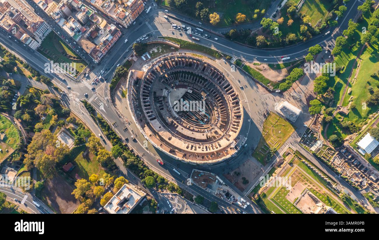 Aerial view of the Colosseum amphitheater in Rome downtown, Lazio ...