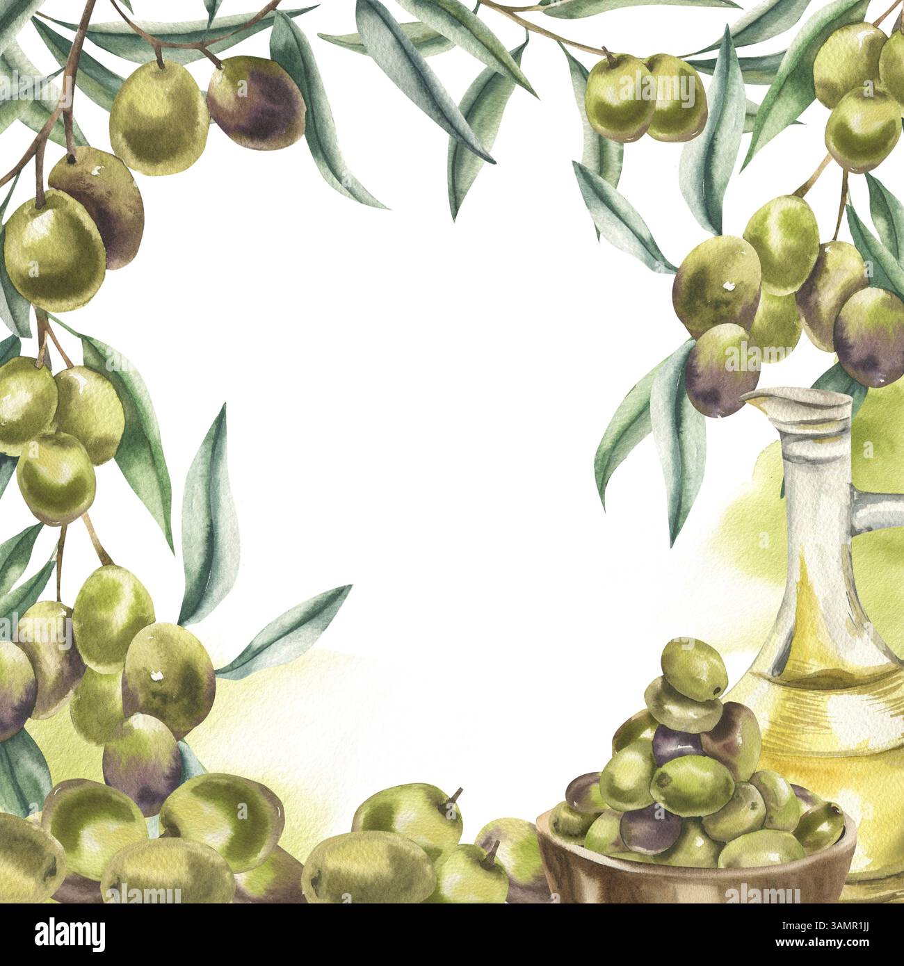 Olives floral watercolor template with olive bunch in wooden plate and ...