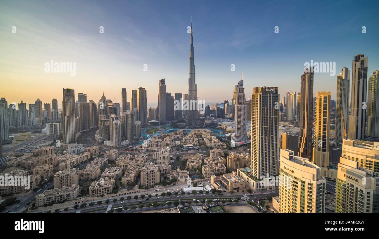 Aerial view of Burj Khalifa and Dubai skyline at sunset, United Arab ...