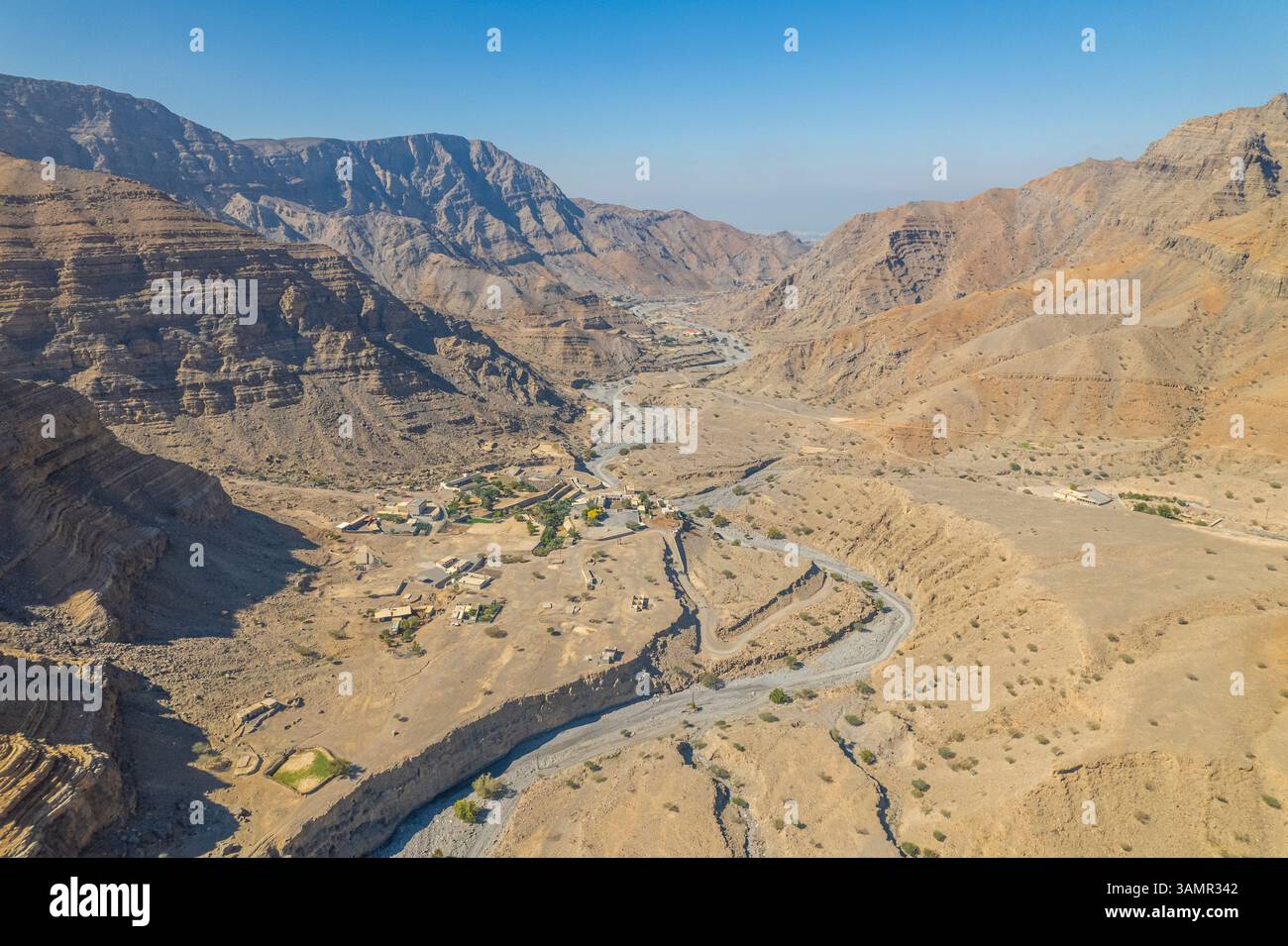 Aerial view of a dry river among the mountain in Ras al-Khaimah, United ...