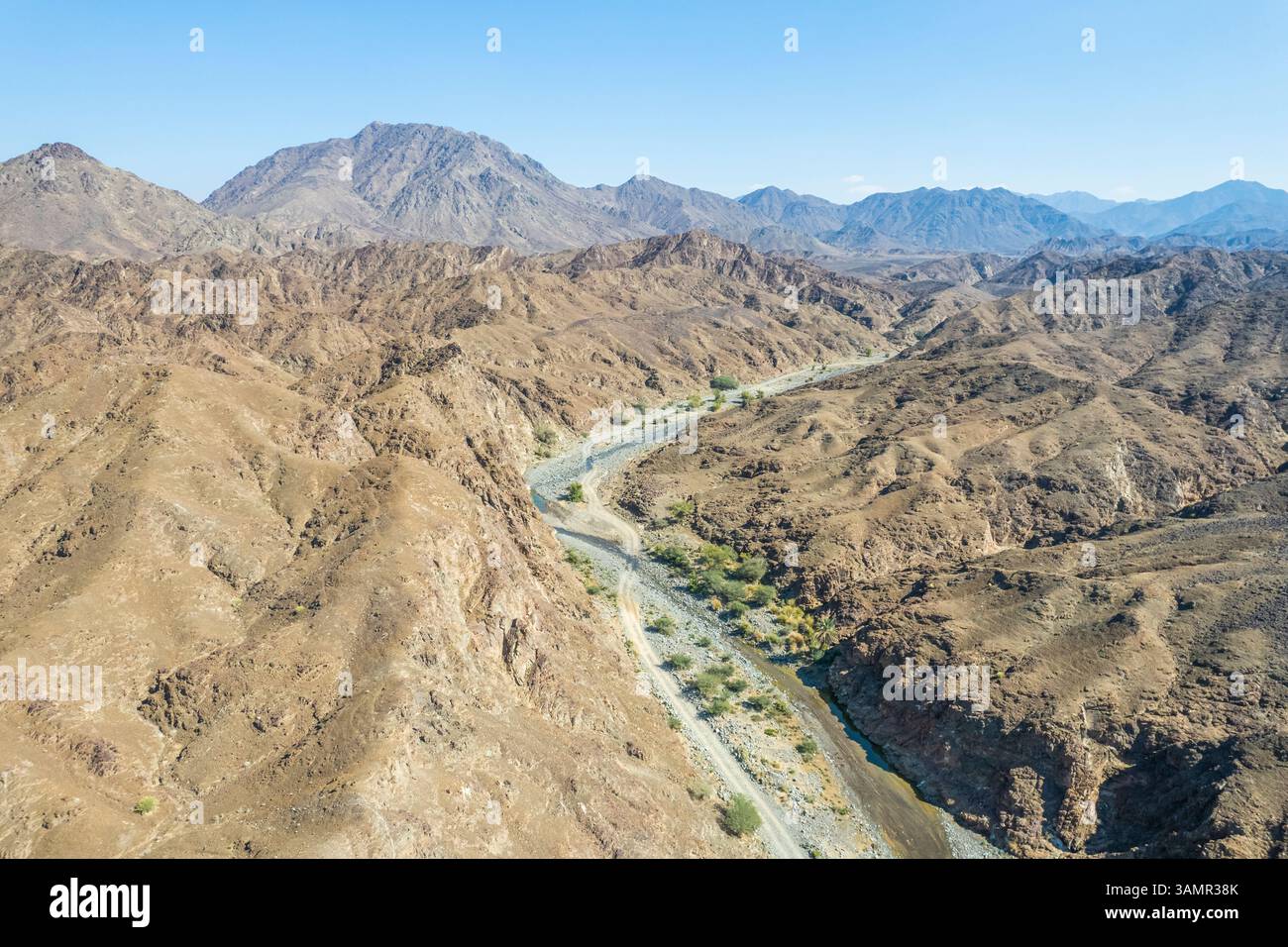 Aerial view of Wadi Shawqa, a canyon among the rocky hills in Ras al ...
