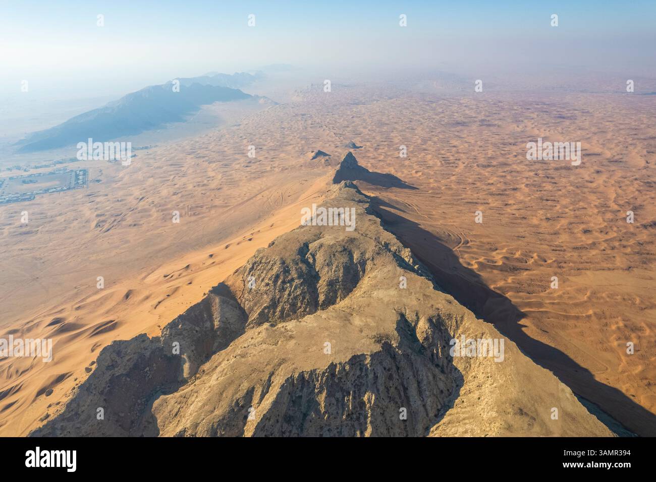 Aerial view of Fossil Rock in the desert, Dubai, United Arab Emirates ...