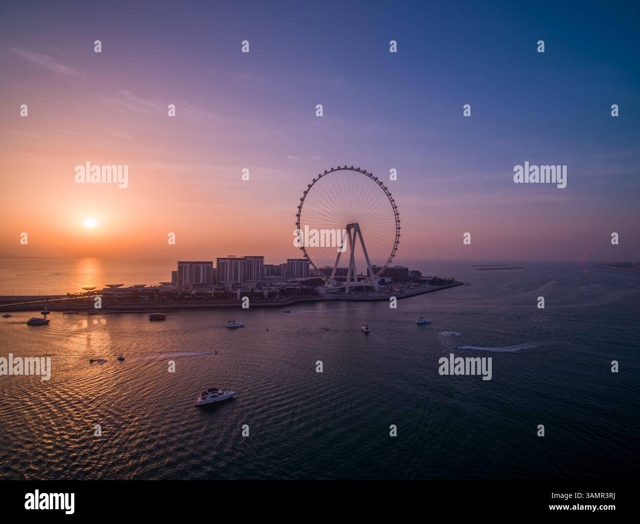 Aerial view of Ain Dubai, the world's largest Ferris wheel at sunset ...