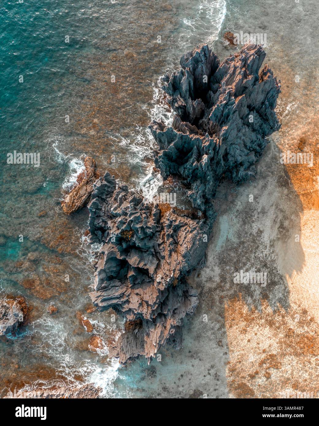 Aerial view of sharp limestome rocks in the bay of El Nido, the ...