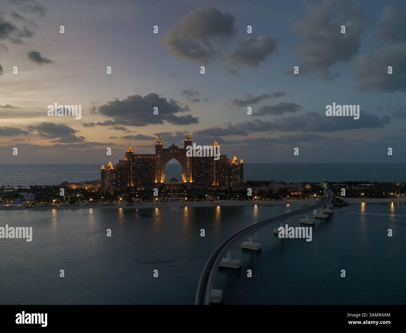 Aerial view of the luxurious Palm Jumeirah Atlantis Hotel and monorail ...