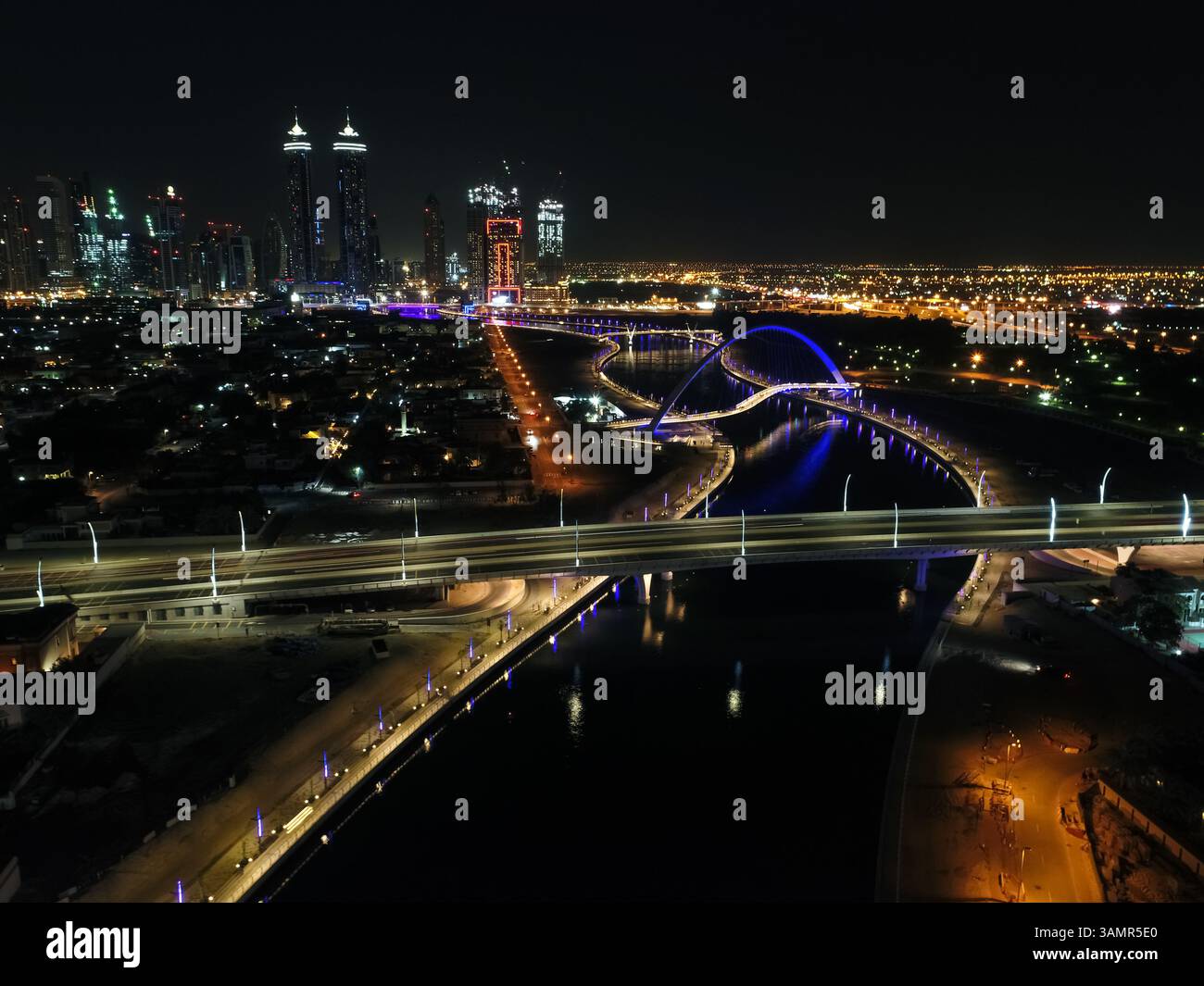 Aerial view of Al Jadaf canal in Dubai at night in United Arab Emirates ...