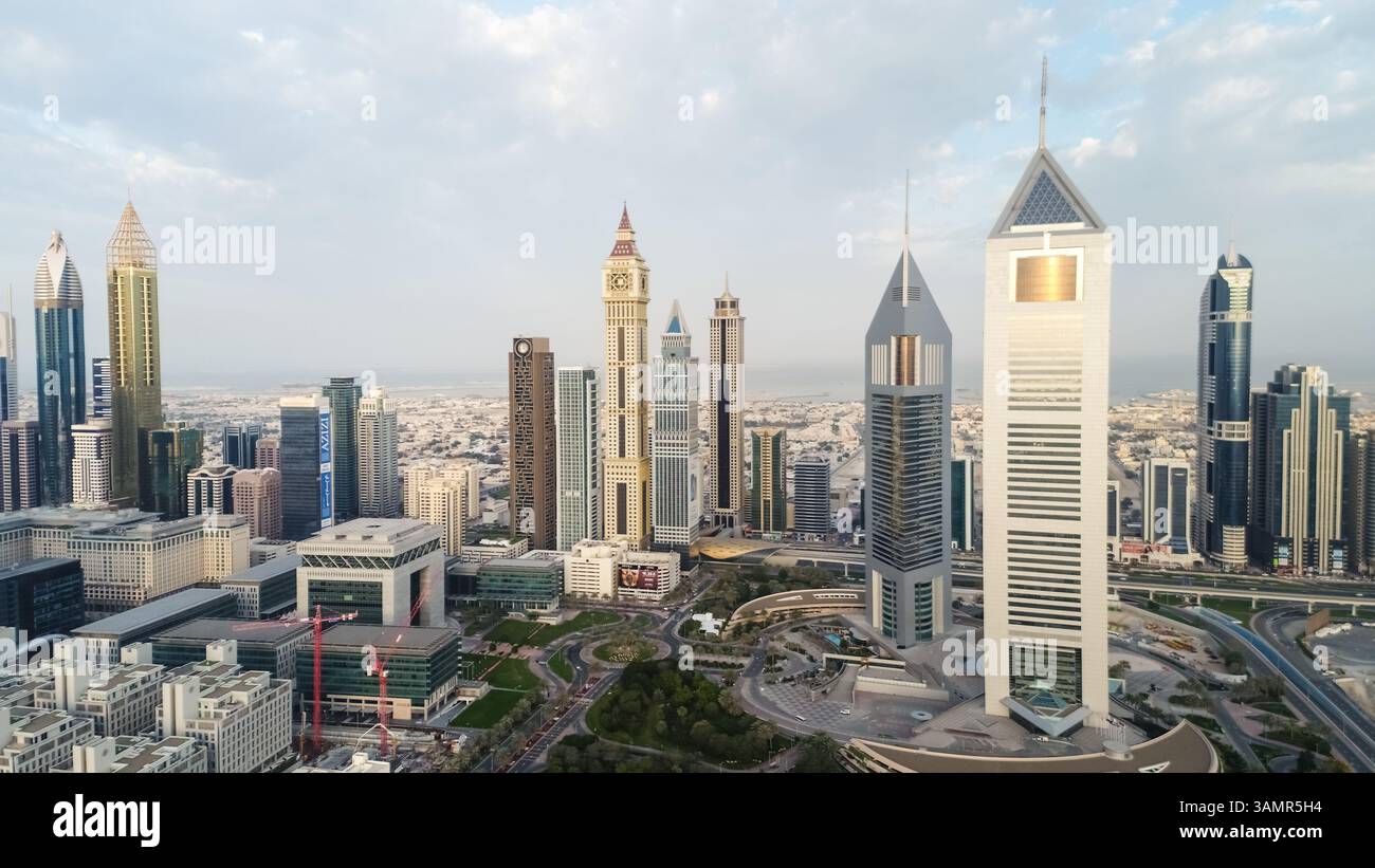 Aerial view of the Emirates Towers and others skyscrapers in downtown ...