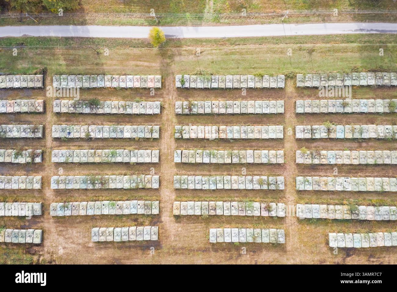 Aerial view above of old war tanks line up, Italy Stock Photo - Alamy
