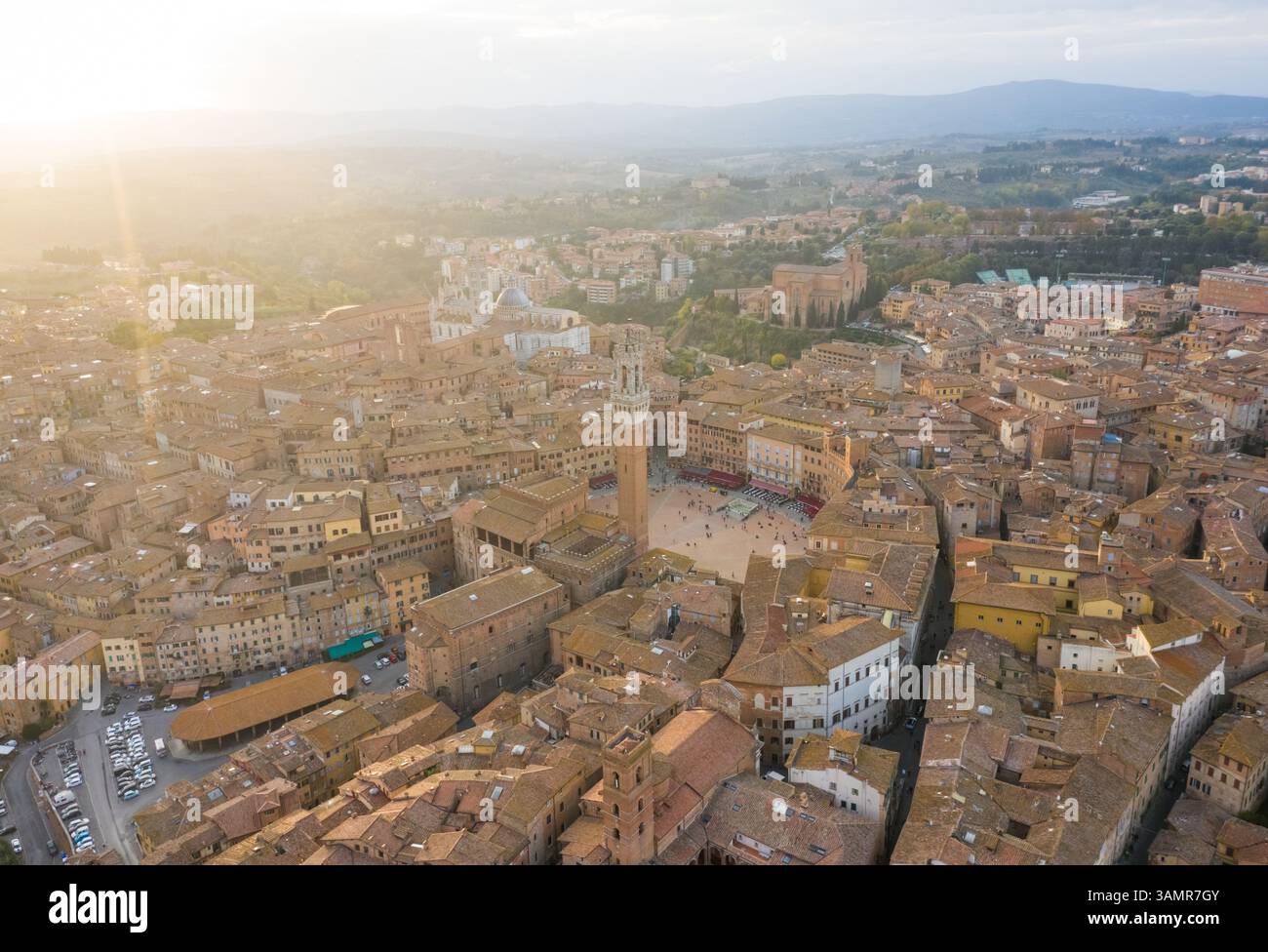 Aerial view above of historic city of Siena during sunset, Italy Stock ...