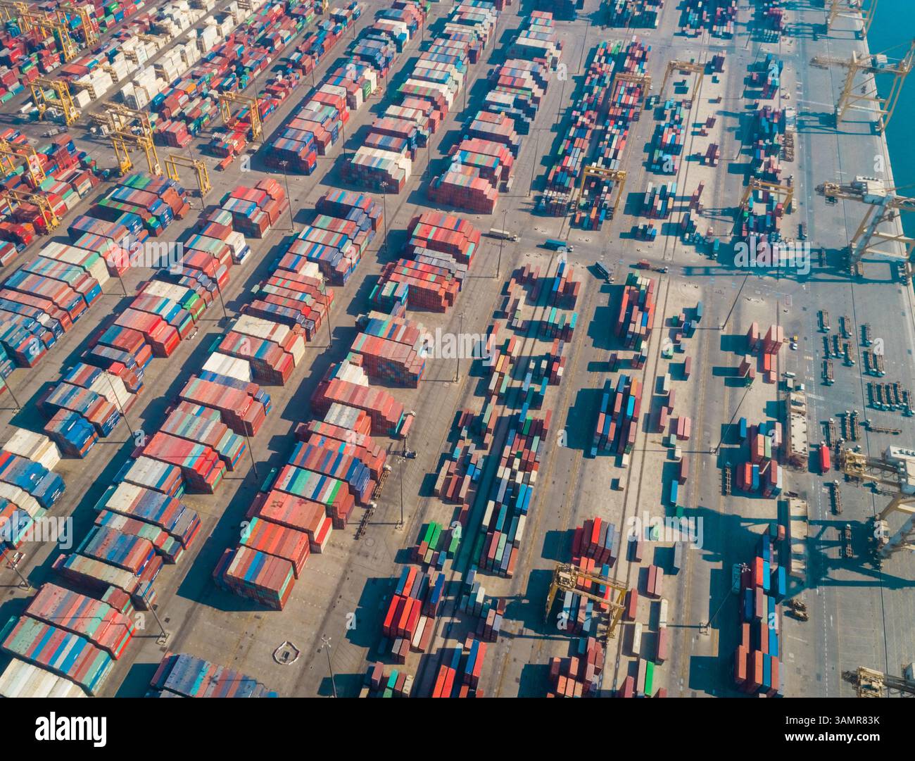 Aerial view of gigantic cargo port full of containers, Dubai, U.A.E ...
