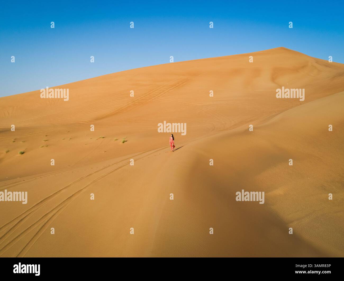 Aerial view of attractive woman using red dress at a desertic landscape ...