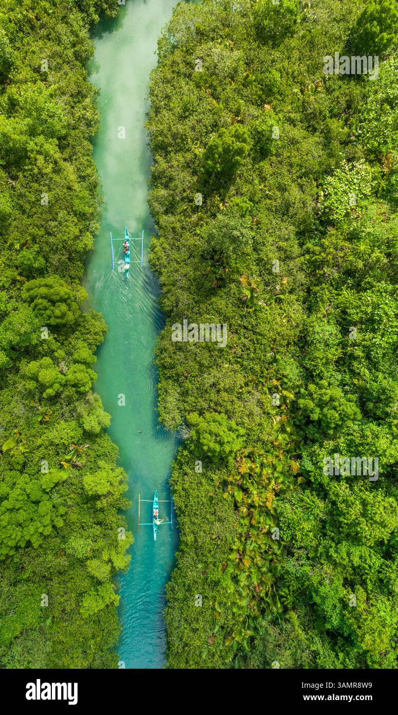 Aerial view of traditional fishing boats in Bojo River, Aloguinsan ...
