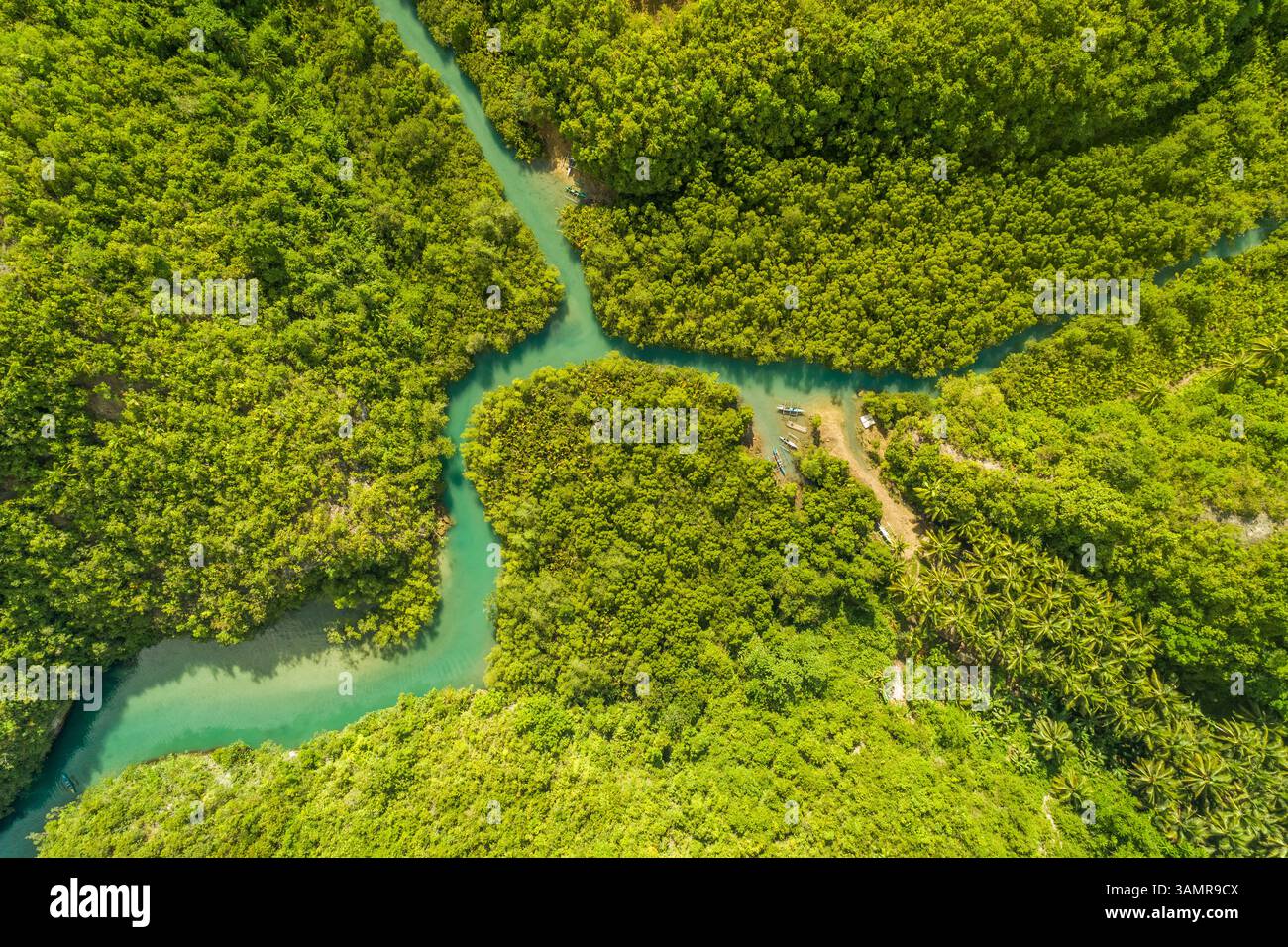 Aerial view of Bojo River and traditional fishing boat, Aloguinsan ...