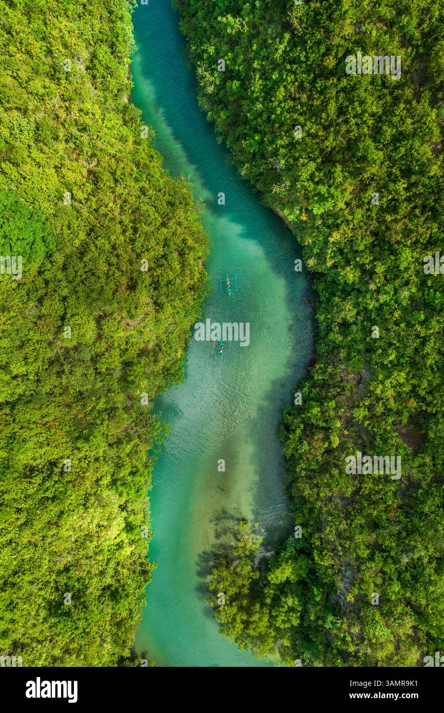 Aerial view of traditional fishing boats in Bojo River, Aloguinsan ...