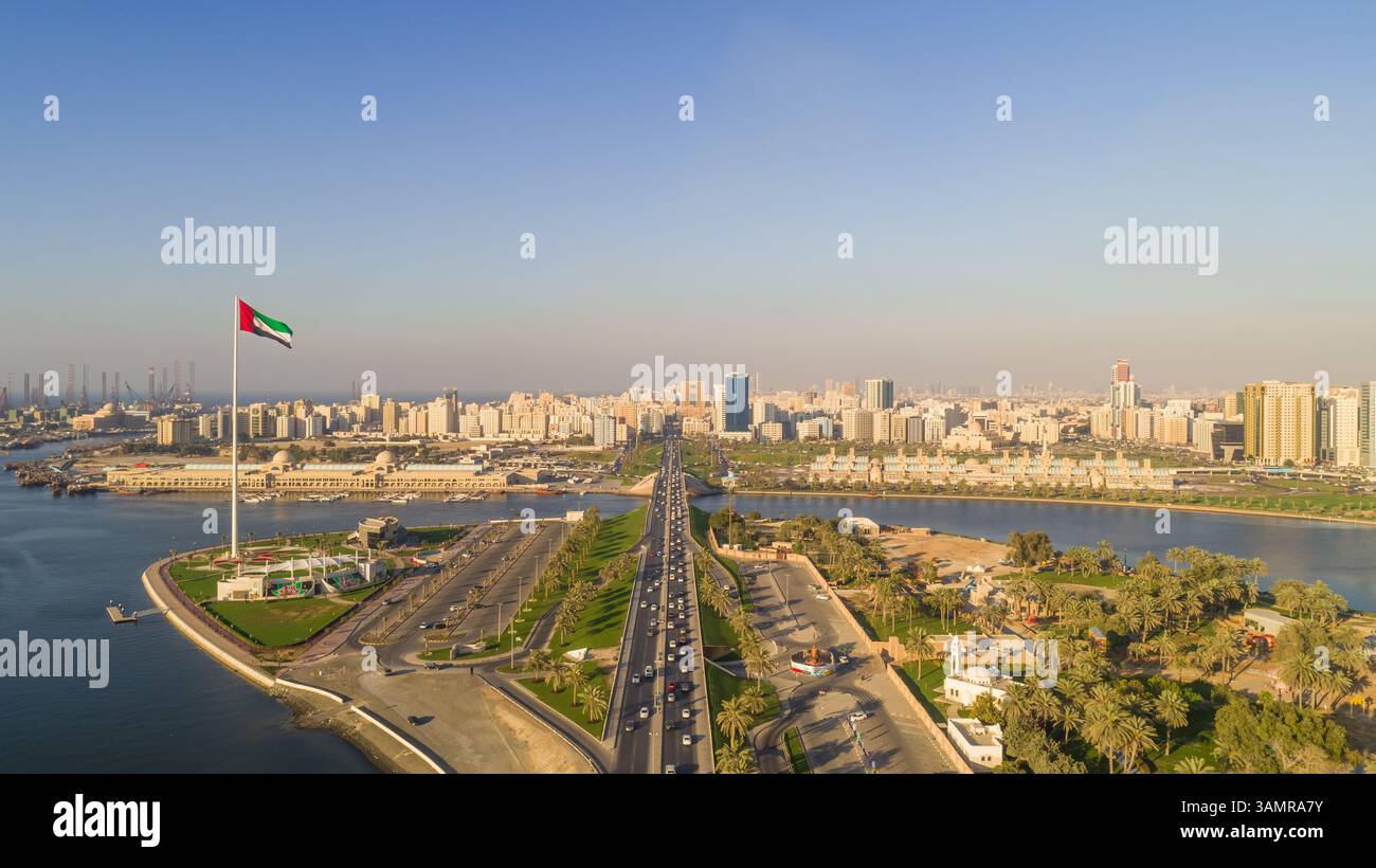 Aerial view of Flag Island and cityscape in Khalid Lake, Dubai, UAE ...