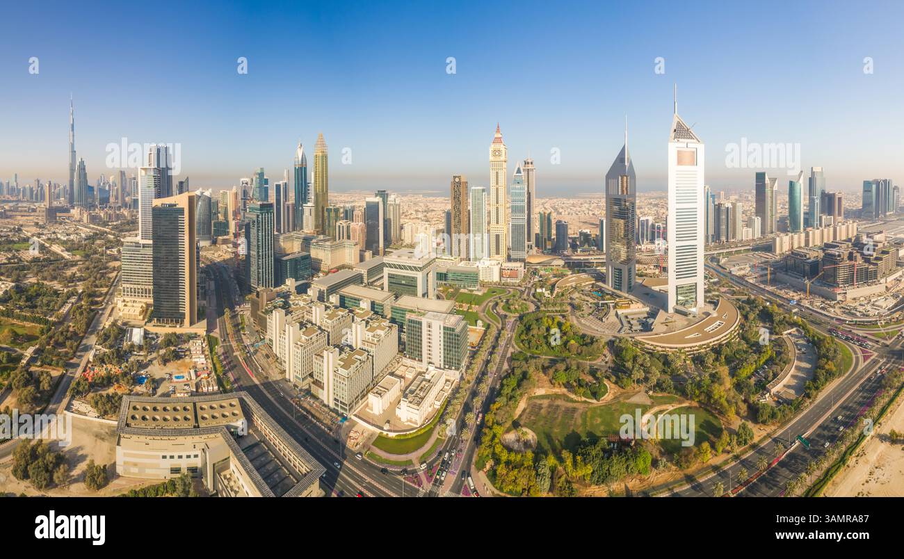 Aerial panoramic view of Dubai cityscape, Emirate Towers and ...
