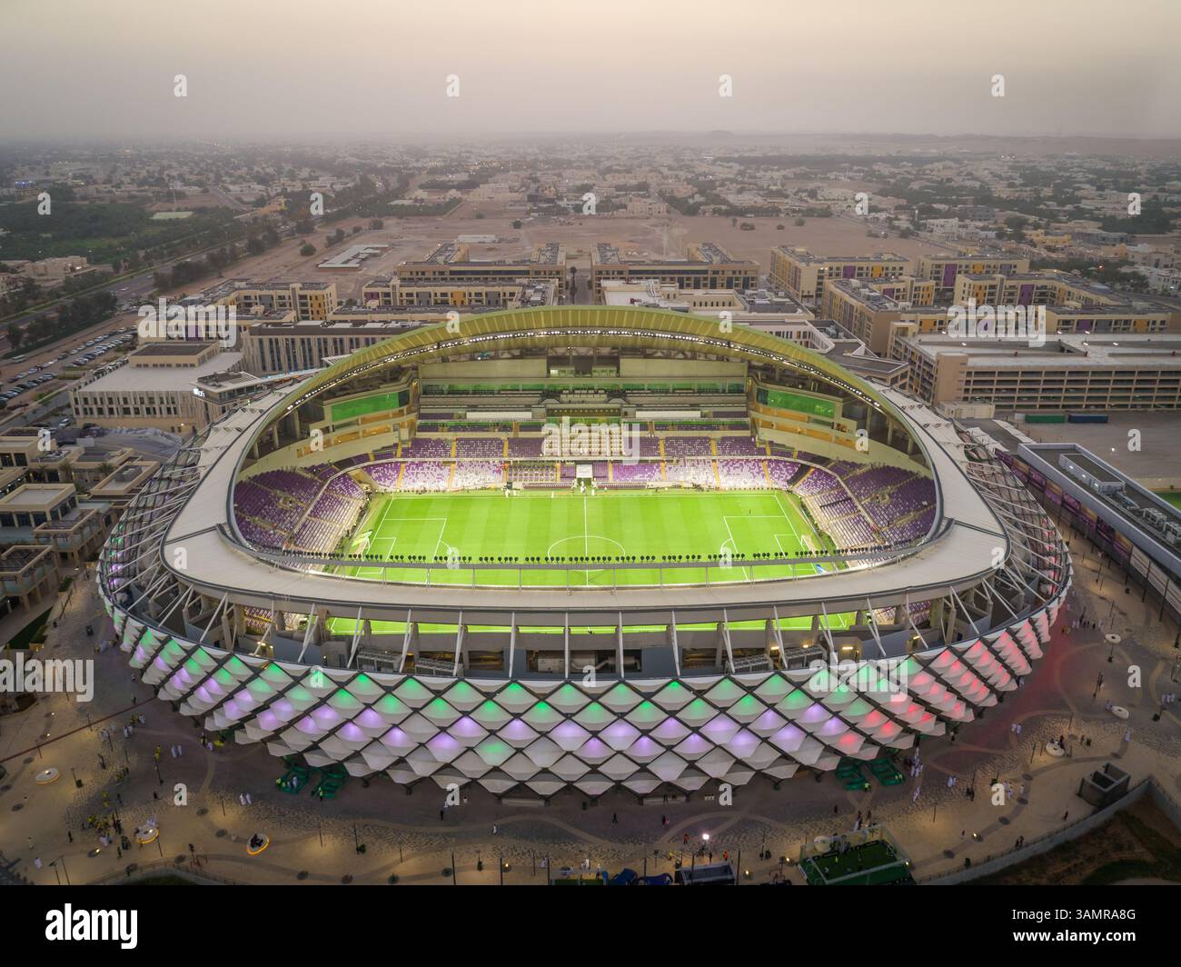 Aerial view of multicoloured Hazza bin Zayed Stadium in Abu Dhabi, UAE ...