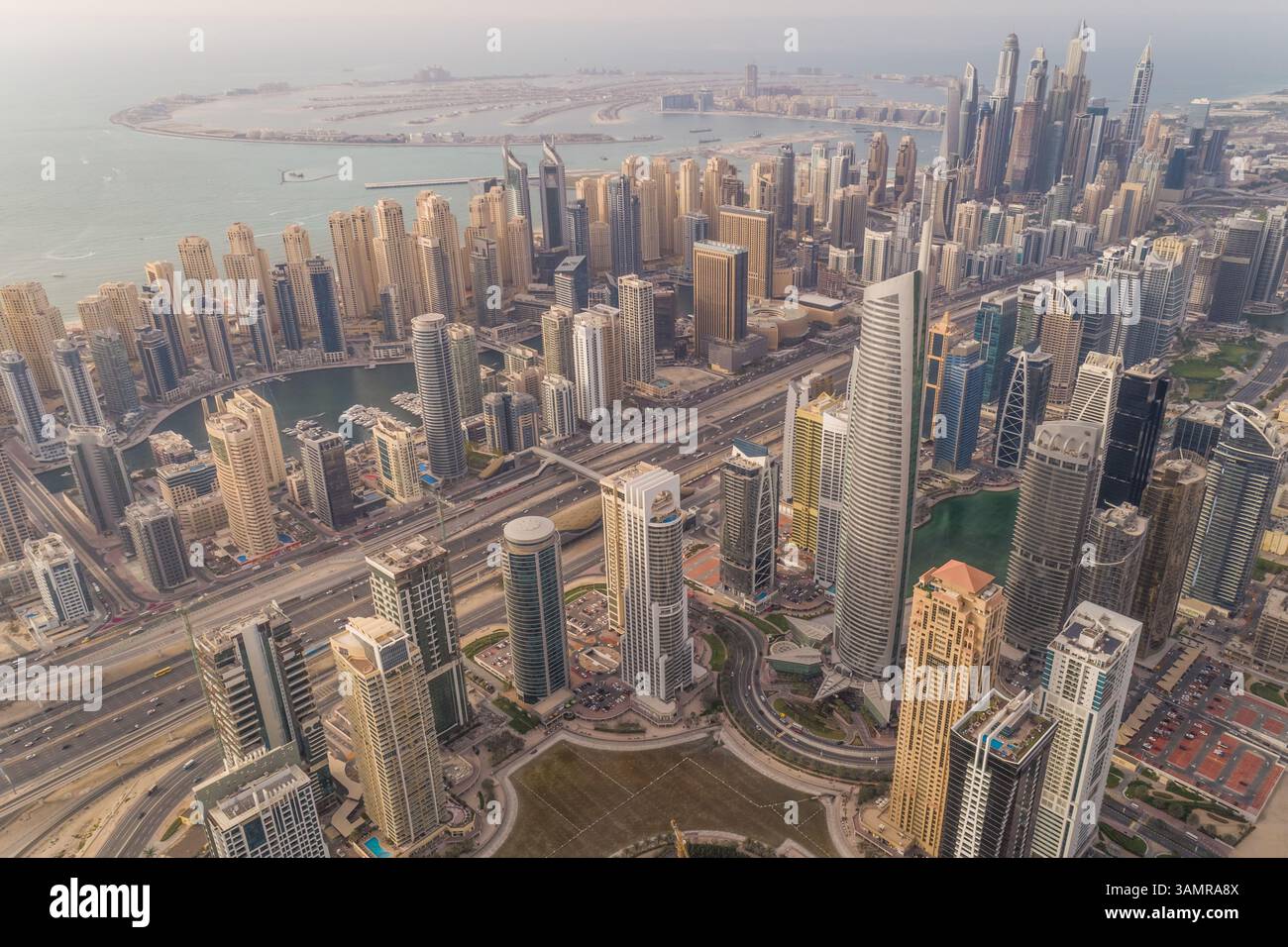 Aerial panoramic view of Dubai skyscrapers and Palm Jumeirah, UAE Stock ...