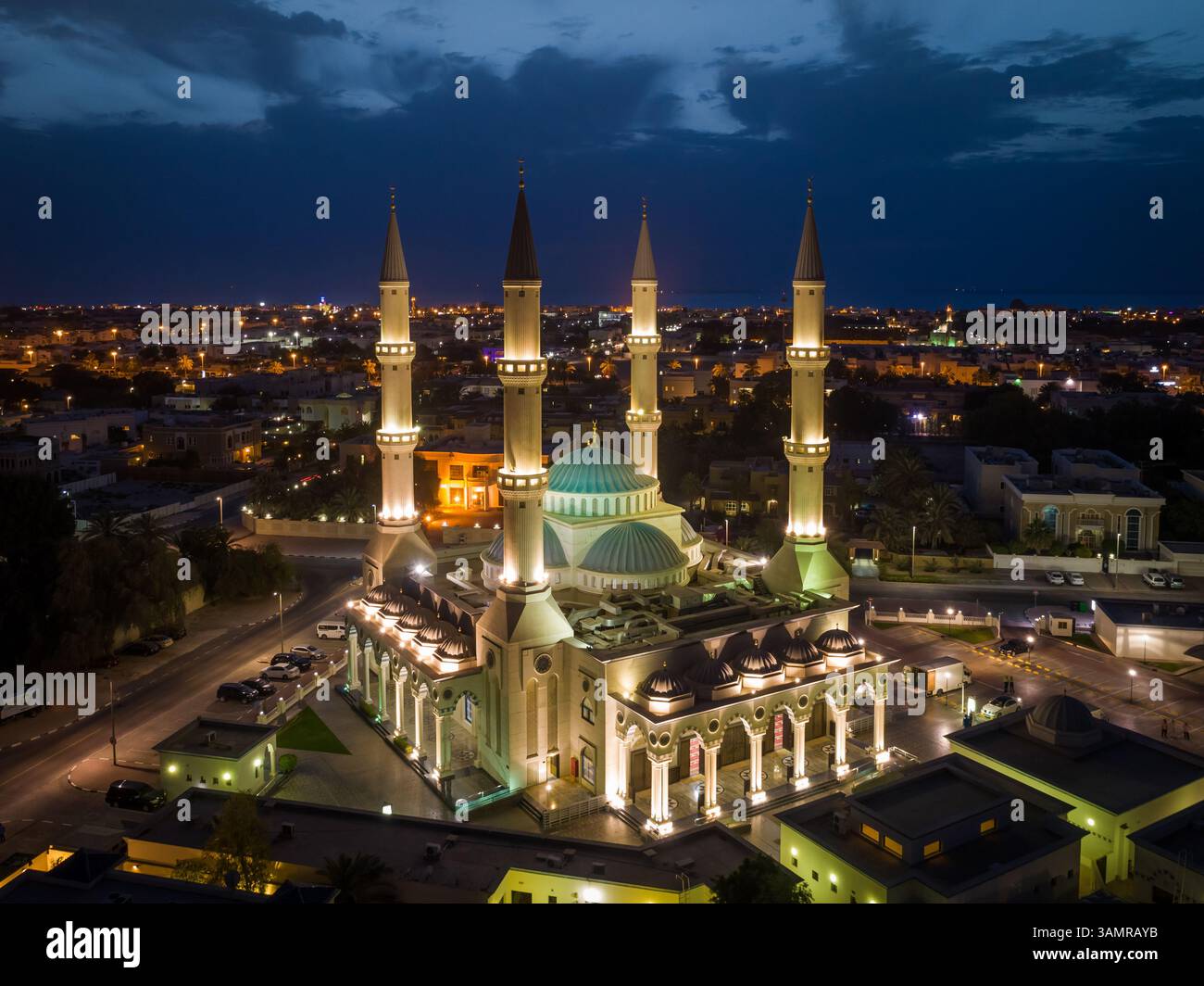 Aerial view of illuminated Al Farooq Omar Bin Al Khattam Mosque in ...