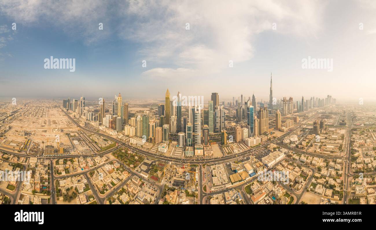 Aerial panoramic view of Dubai skyscrapers, landmarks and cityscape ...