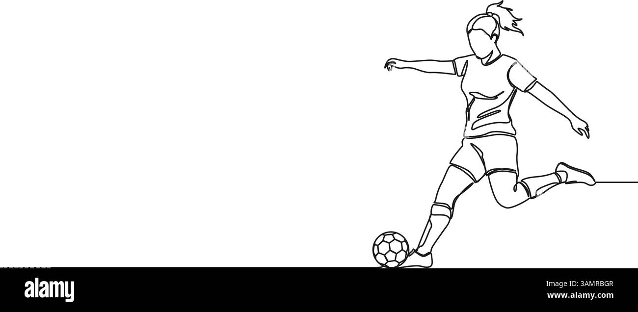 continuous single line drawing of female soccer player, line art vector ...