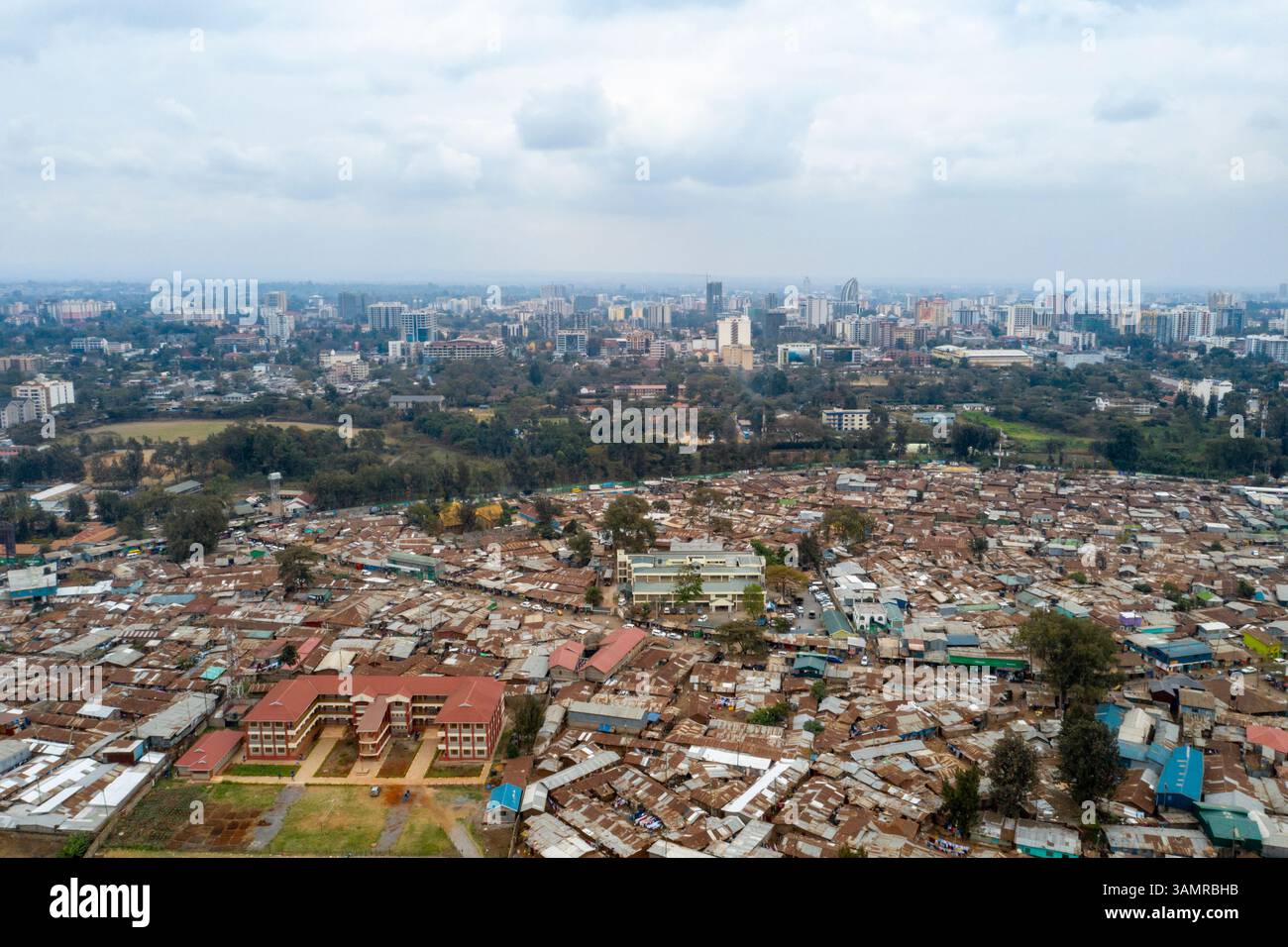 Aerial view of the crowded and dense Kibera slum with residential ...