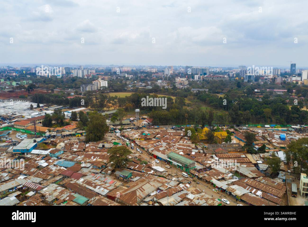 Aerial view of the dense urban landscape of Kibera slum with crowded ...